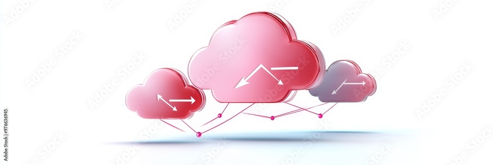 Interconnected pink cloud icons with arrows symbolizing data sharing ...