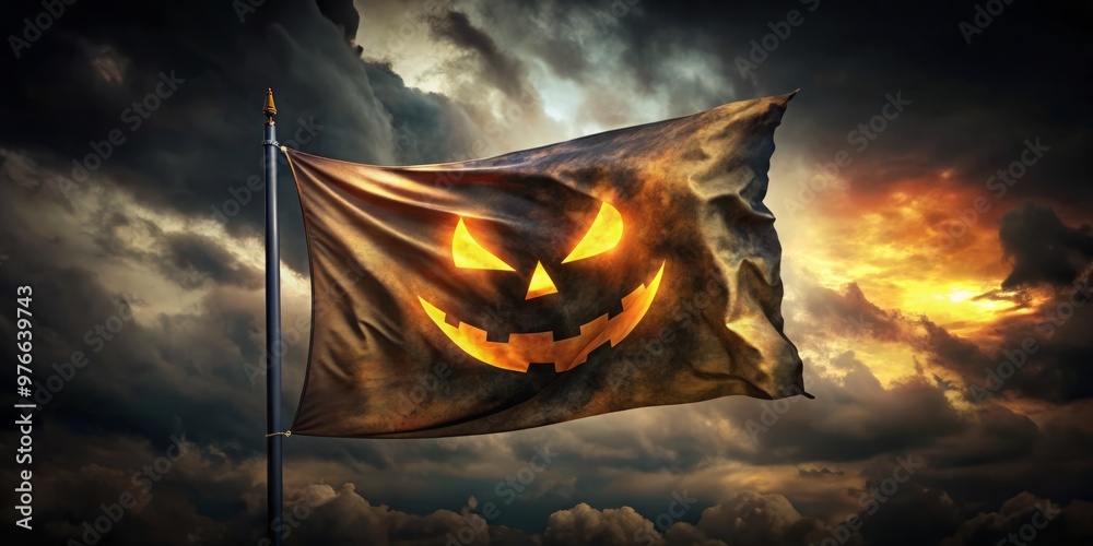 Spooky specters dance on the flag's surface as it billows in the wind ...
