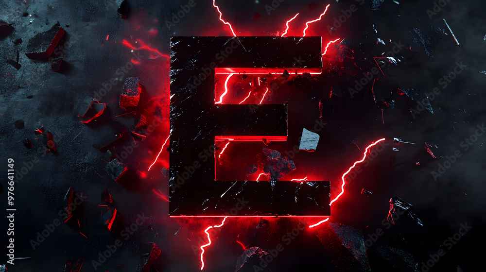 3D lettering of the text E with lightning, black background, red ...