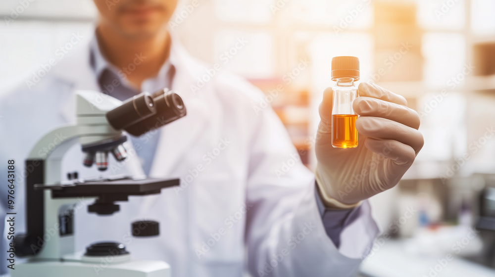Scientist in lab coat holding vial of experimental drug, with ...