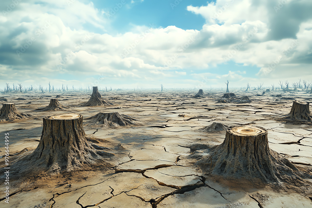 Dystopian landscape of dried cracked earth, tree stumps, and industrial ...