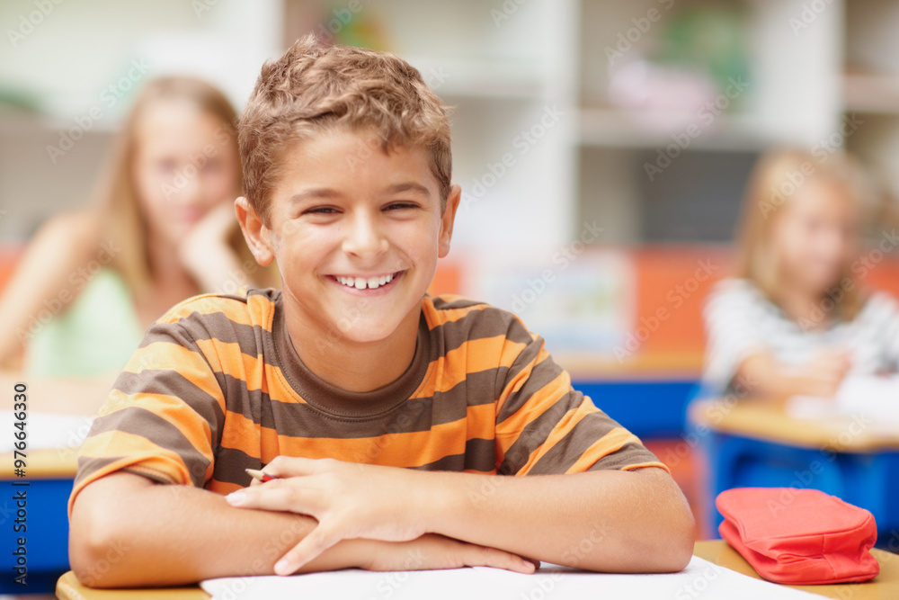 Happy, portrait and boy in kids classroom for learning, growth and ...