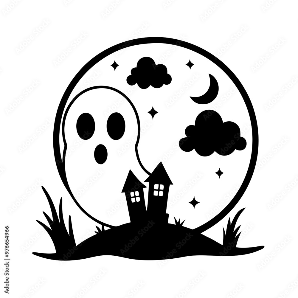 Spooky Silhouette: A playful ghost peeks over a haunted house under a ...