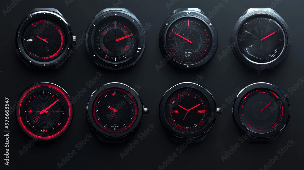 Smartwatch faces with mechanical clock-inspired bezels. Displays a ...