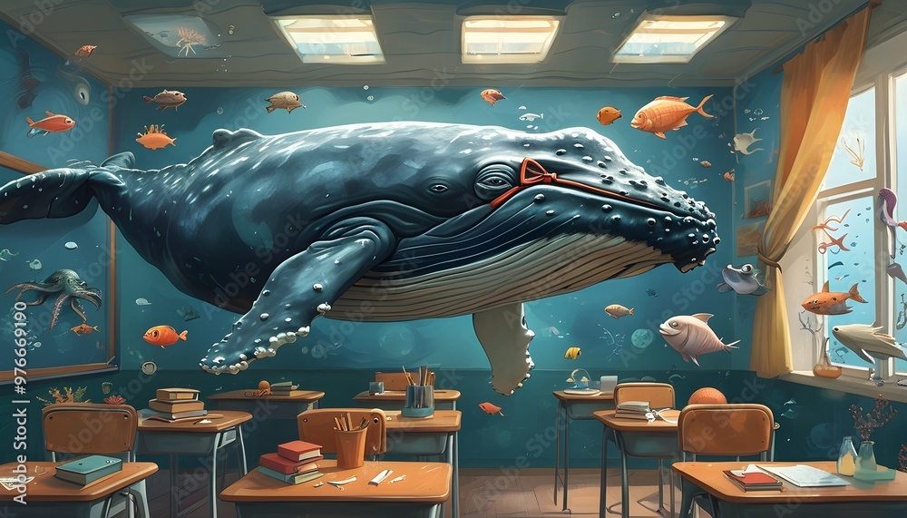 Whimsical underwater classroom with a giant whale in glasses and bow ...