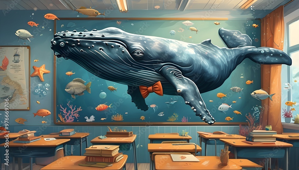 Whimsical underwater classroom with a giant whale in glasses and bow ...