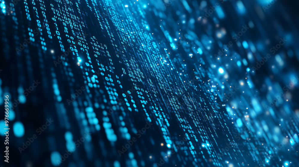 Blue background featuring binary data and software programming code. Displays random segments of ...