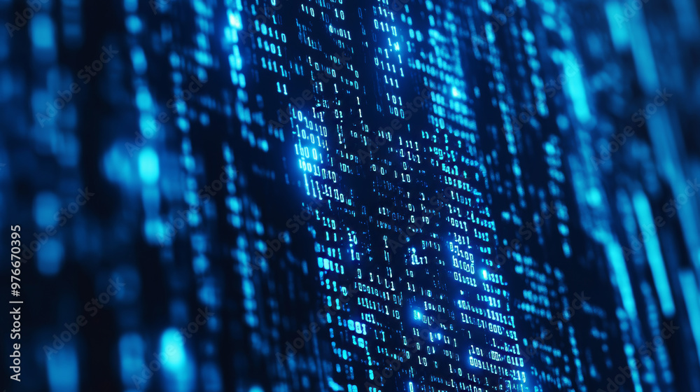 Blue background featuring binary data and software programming code. Displays random segments of ...