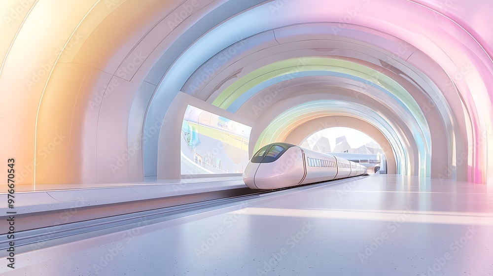 A futuristic hyperloop station with bioluminescent trains and ...