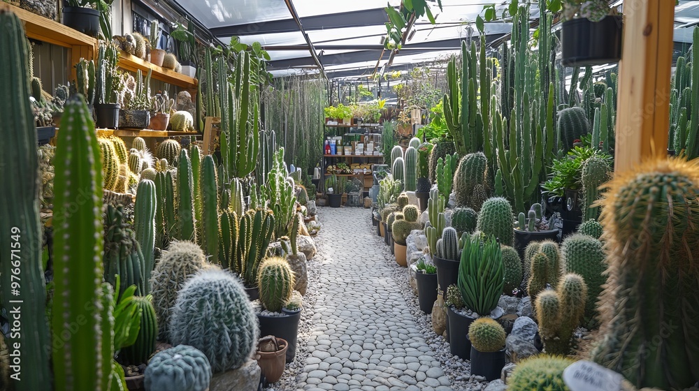 An assortment of cacti displayed in a garden center, showcasing a ...