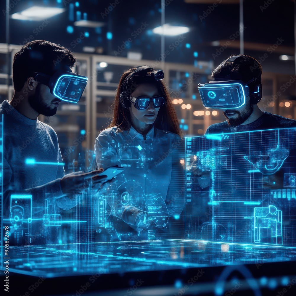 Futuristic brainstorming session, developers analyzing product prototypes using AR tools ...
