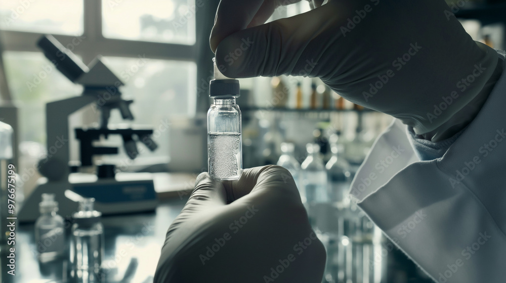 Scientist in lab coat holding vial of experimental drug, with ...