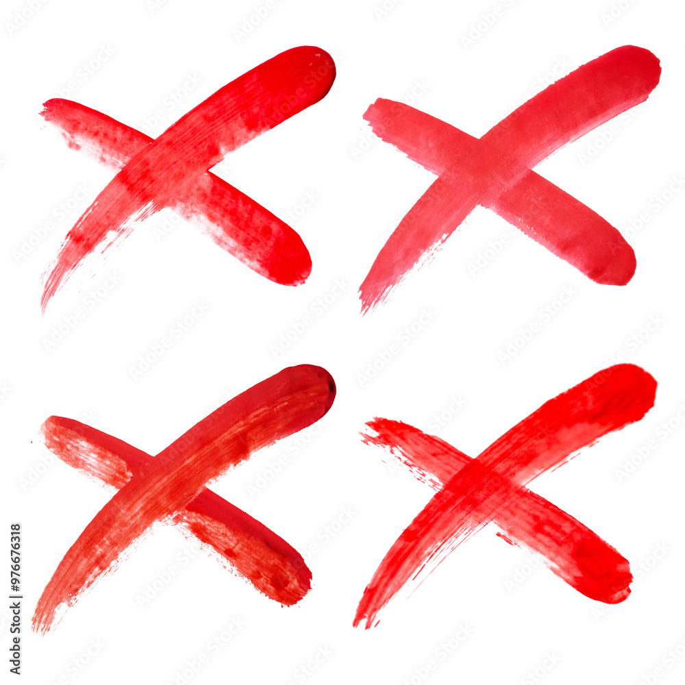Bold hand painted red X cross mark rough brush strokes transparent ...