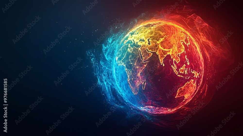 Abstract globe with color-coded temperature data spiraling around it ...