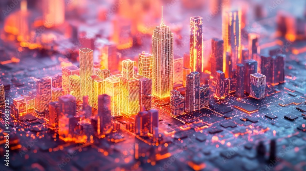 ภาพประกอบสต็อก Holographic temperature map of a city, with live weather ...