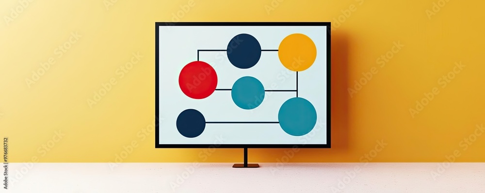 A flowchart on a large screen showing strategic planning steps ...