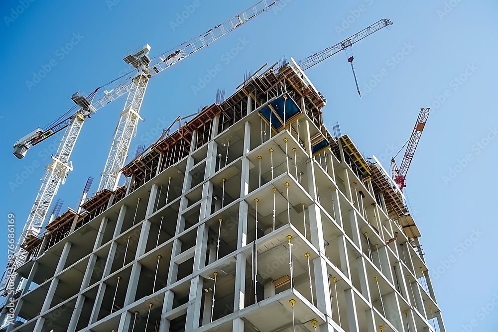 High-rise building construction with cranes, concrete framework, and ...