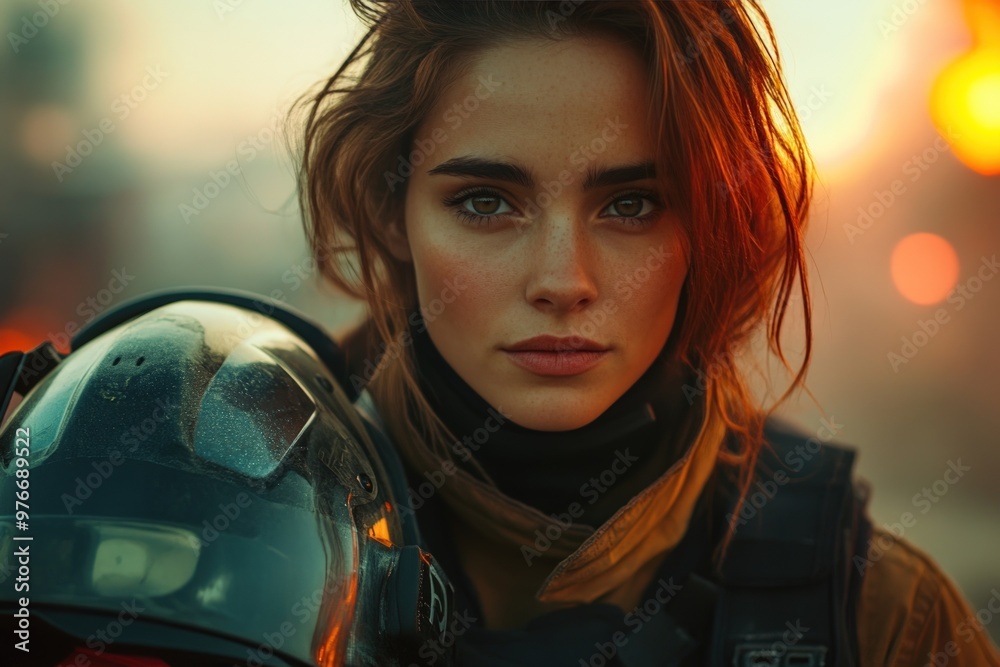 A female firefighter with a determined look on her face, wearing a fire ...