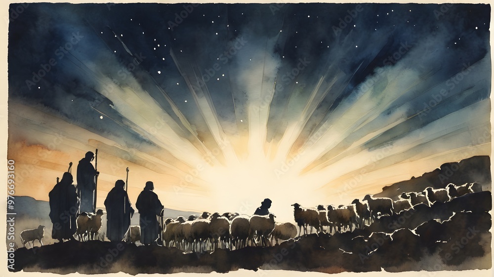 The Angels Appearing to Shepherds, A group of shepherds watching over ...