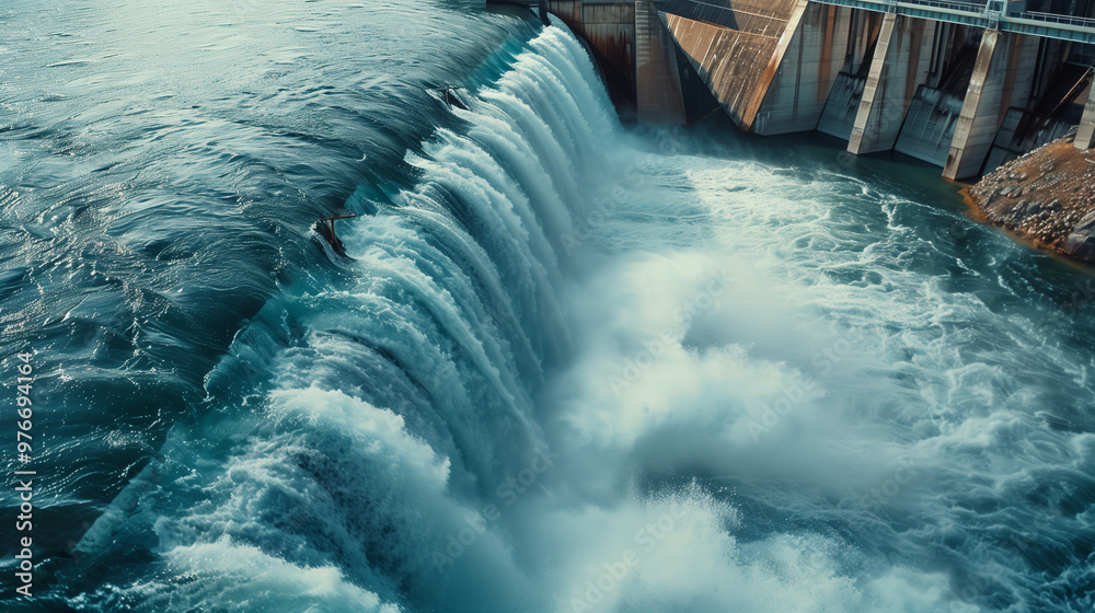 Hydroelectric dam with rushing water and electric turbines turning with ...