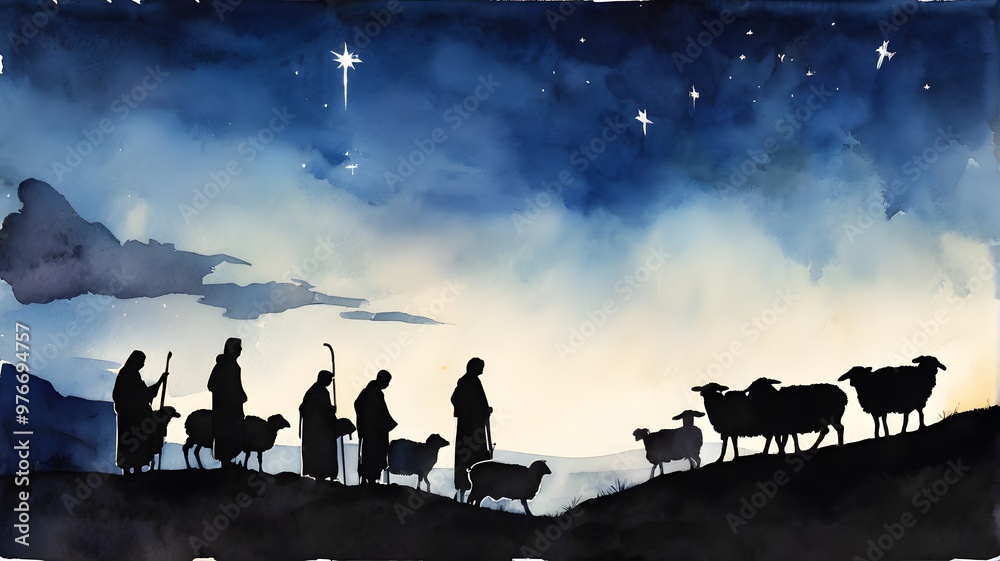 The Angels Appearing to Shepherds, A group of shepherds watching over ...