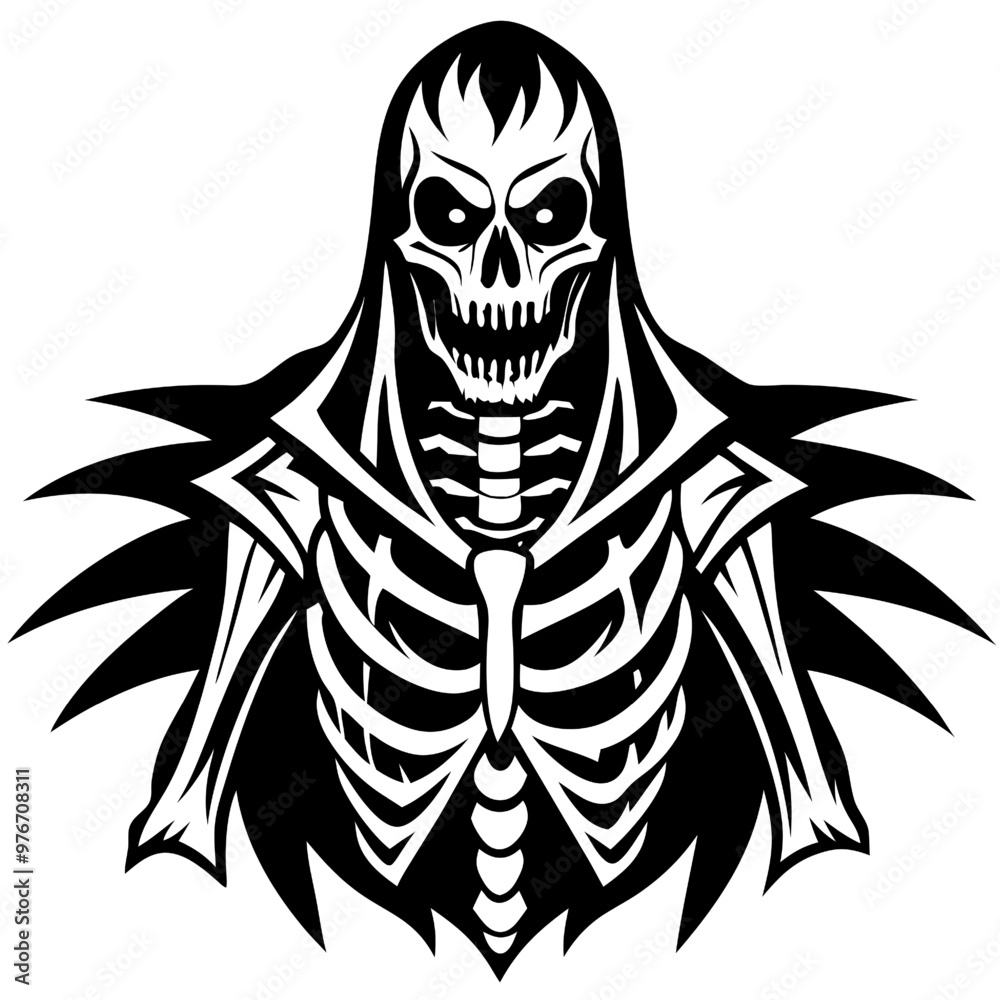 Grim Reaper Skull Illustration: A chilling yet captivating black and ...
