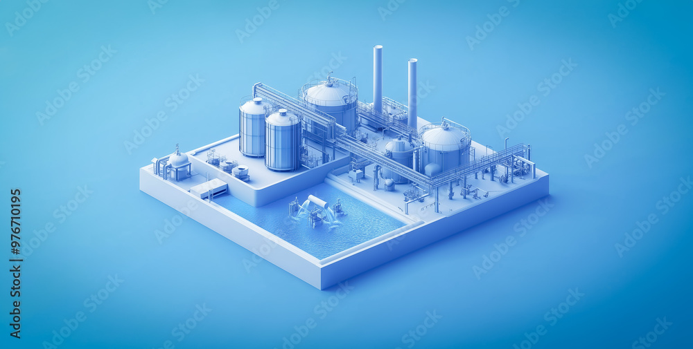 A detailed 3D isometric rendering of a water treatment plant with tanks ...
