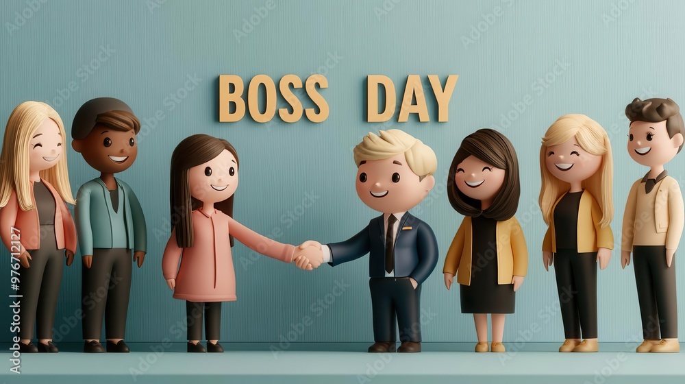 Child and boss shaking hands at a Boss Day event, employees smiling, 3D ...