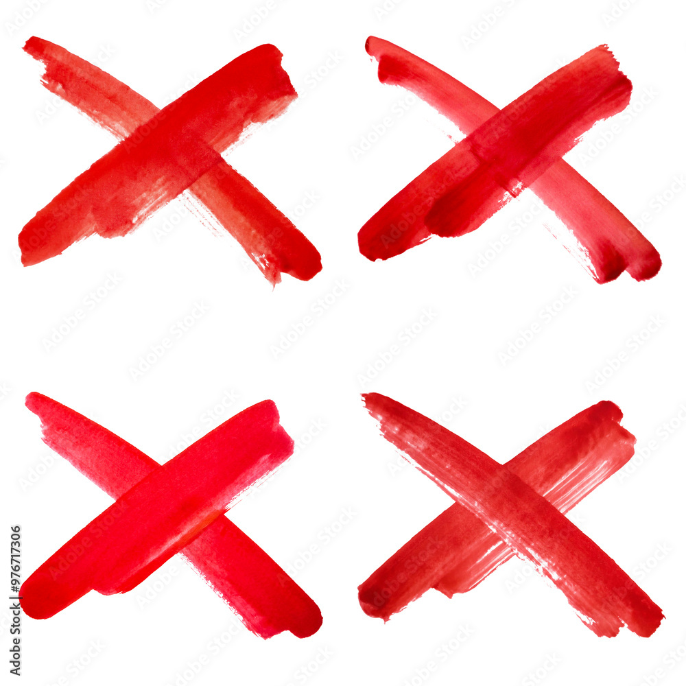 Bold hand painted red X cross mark rough brush strokes transparent ...