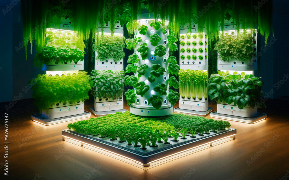 Vertical farming setup showcasing lush green plants growing in a soil-less hydroponic system ...