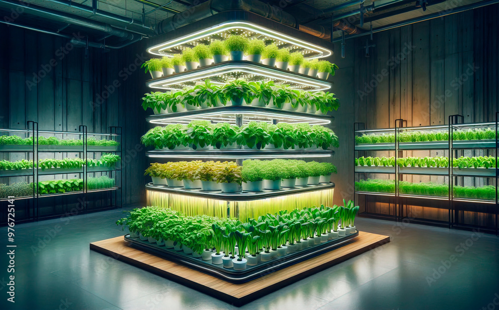 Vertical farming setup showcasing lush green plants growing in a soil ...