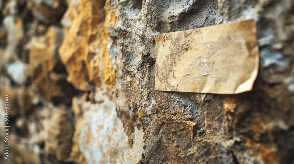 Close-up of a paper sign taped to a rough stone wall, with the texture ...