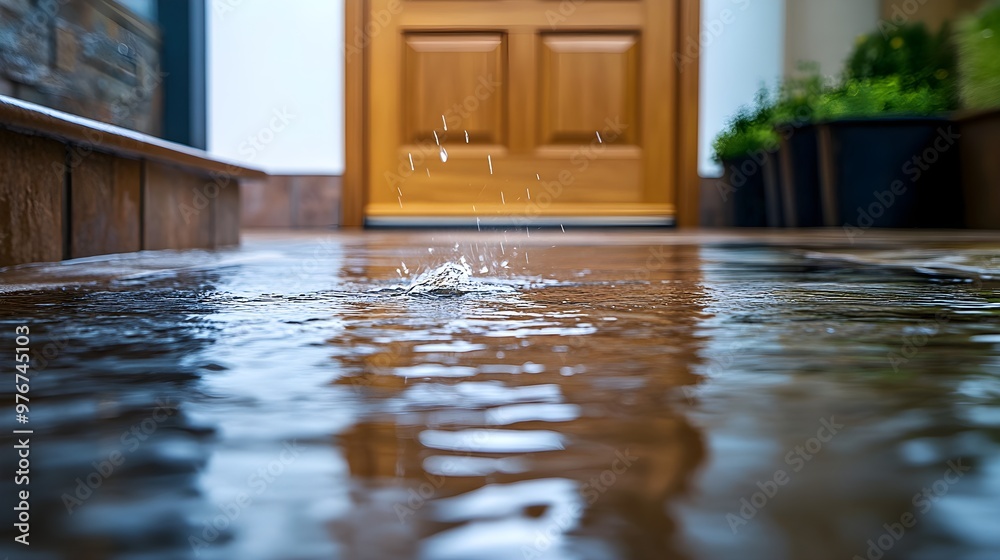 Water creeping under a front door into a welcoming hallway, emphasizing ...