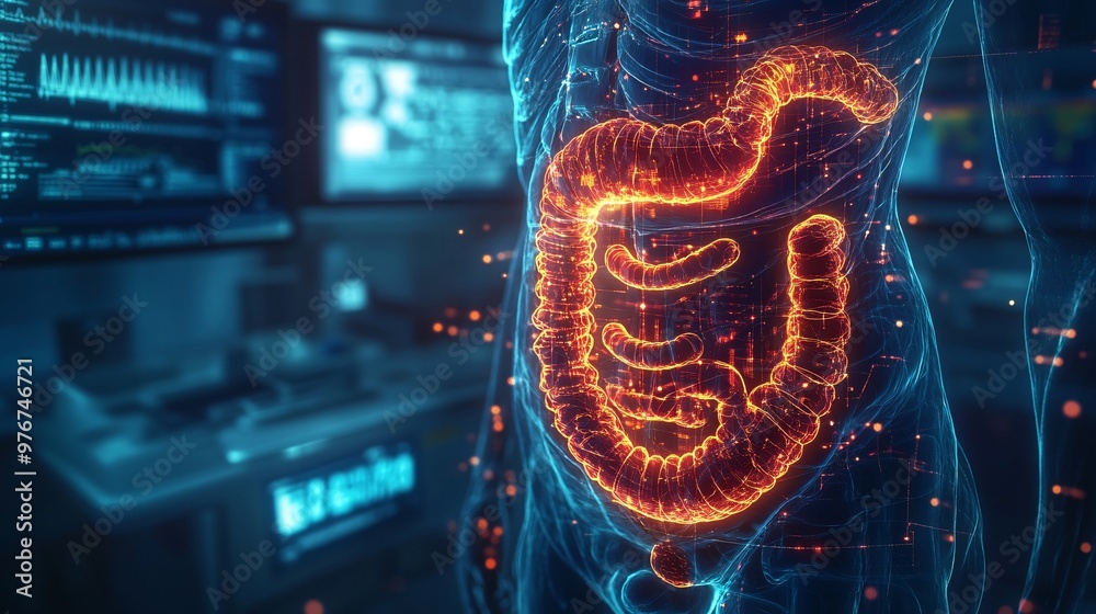 stomach with a glowing digestive system diagram overlay, intricate ...