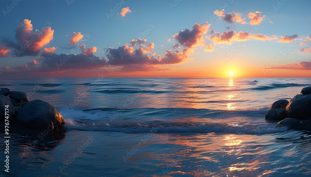 Panoramic spherical sky map of a vibrant sunset over the sea ...