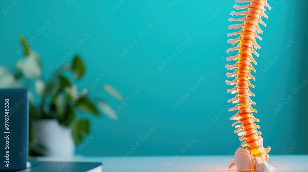 A detailed anatomical model of a human spine displayed on a modern desk ...