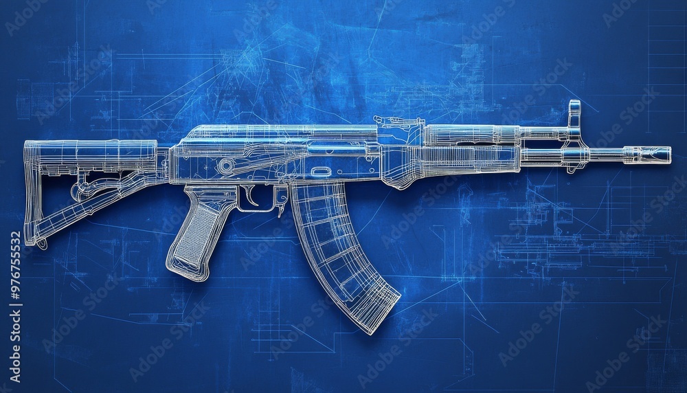 Detailed Blueprint of a Modern Rifle Design on a Blue Background With ...