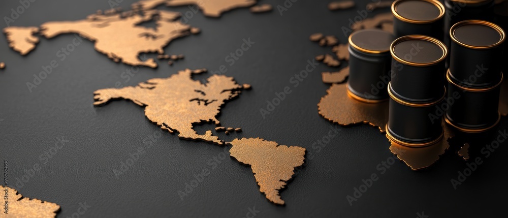 Stylish global oil map with barrels highlighting economic energy trends ...