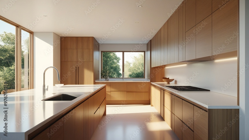Modern kitchen interior design with abundant natural light streaming ...