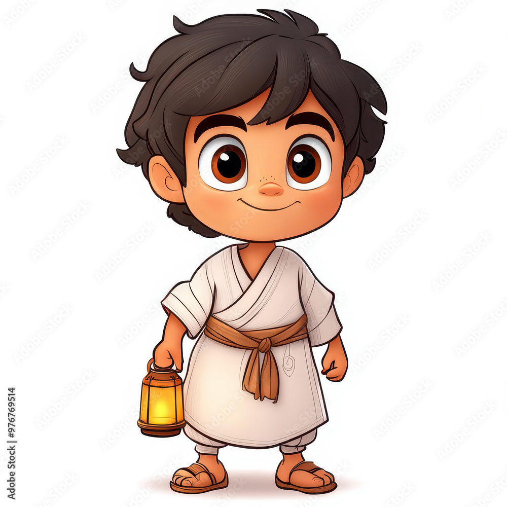 This coloring page features a Muslim boy in traditional attire, holding ...