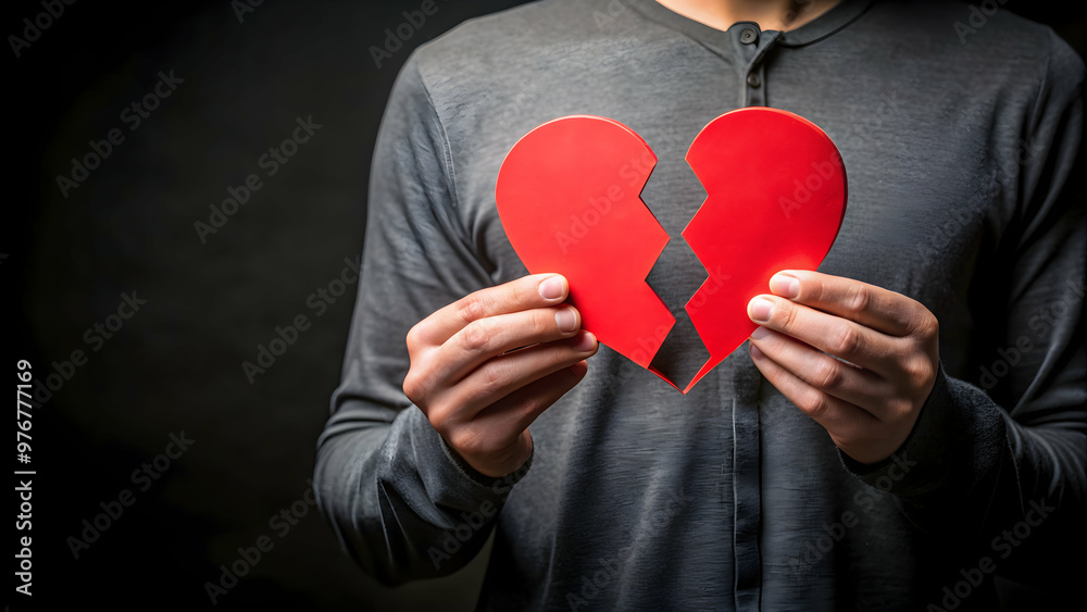 Person holding a broken heart symbol on dark background , heartbreak ...