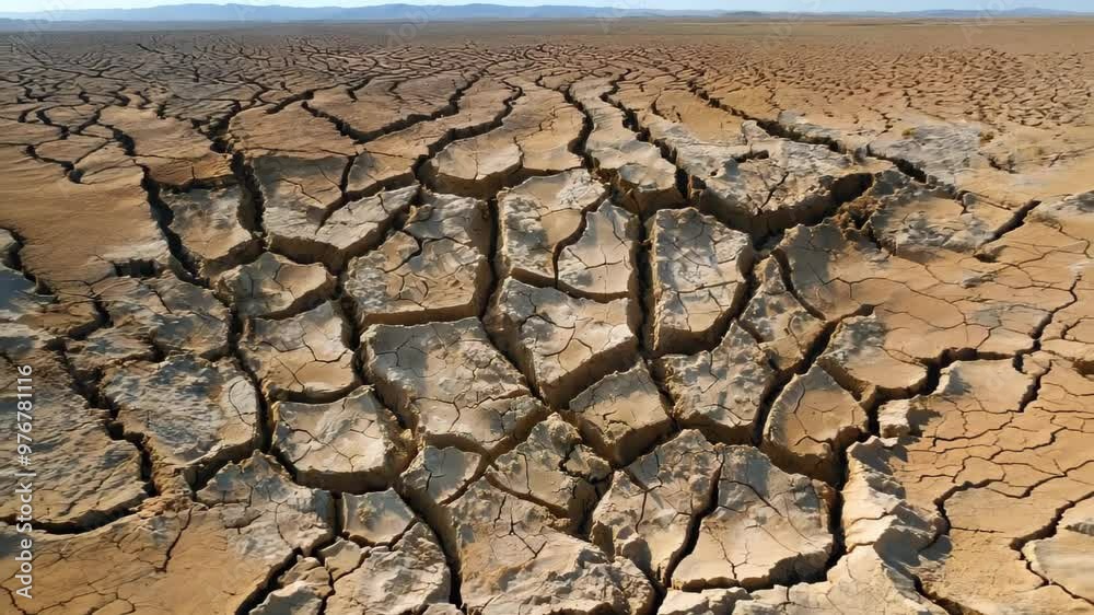 A close-up of cracked earth illustrates drought's impact, featuring ...