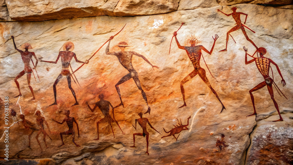 Indigenous Australian cave art of tribesmen hunting in the outback ...