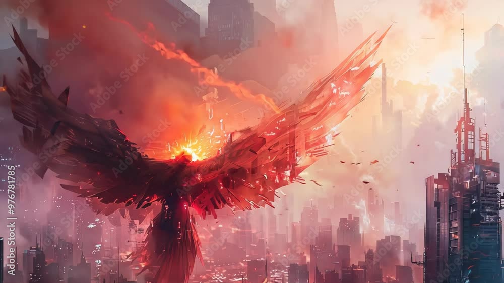 A stunning digital a majestic fiery phoenix soaring above a futuristic ...