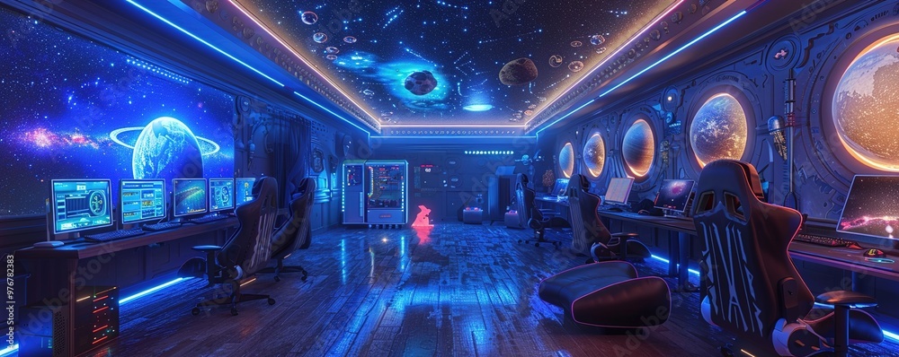 A gaming room with a celestial theme, including a starry sky ceiling ...