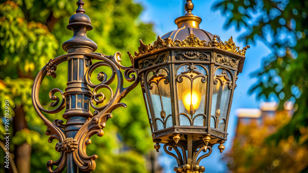 Vintage pole street light with intricate metal design and glass lamp ...