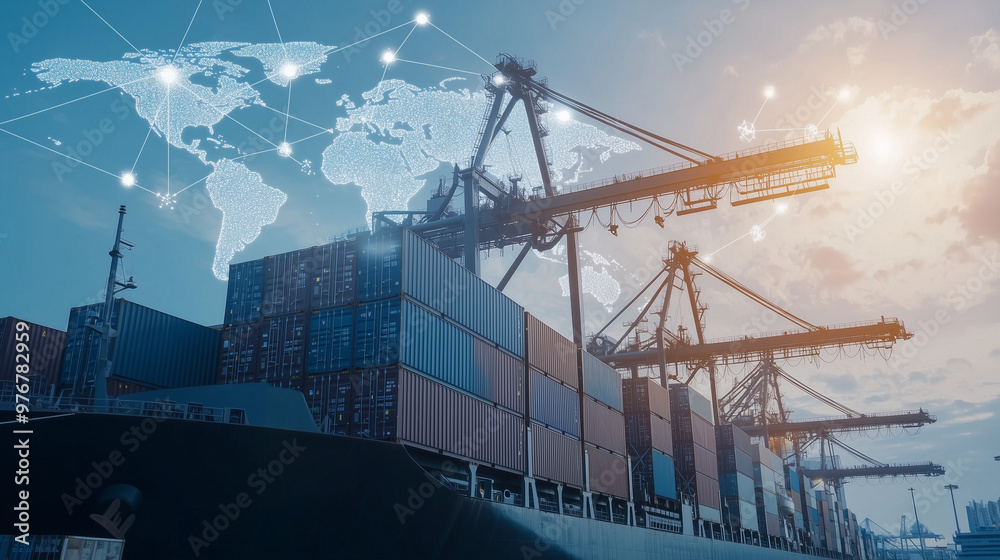 busy dock with towering shipping containers, cranes, and cargo ships ...