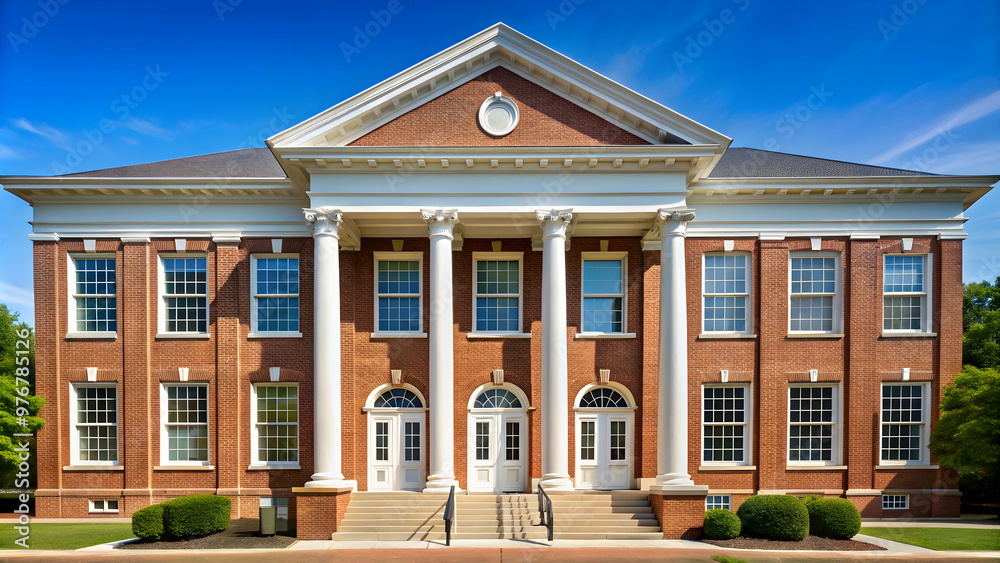 Exterior of a traditional American school building with brick facade ...