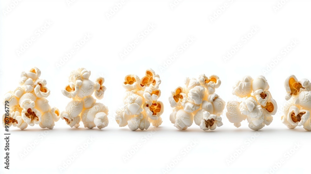 A row of popcorn kernels are shown in various stages of popping Stock ...