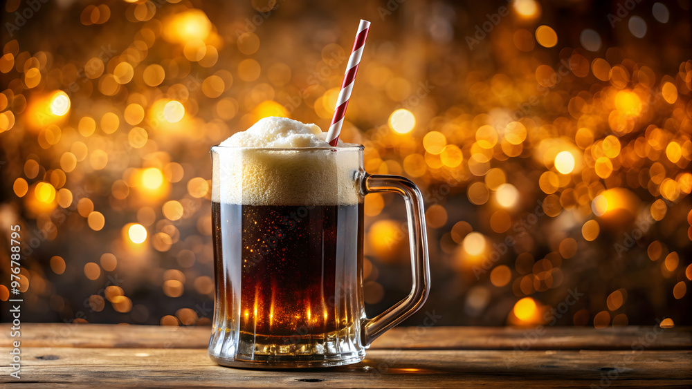 Stein of root beer on soda fountain background with foamy bubbles and ...